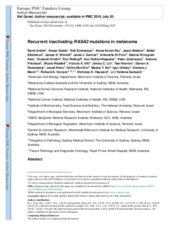 (PDF) Recurrent inactivating RASA2 mutations in melanoma