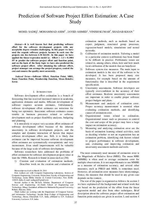 (PDF) Prediction of Software Project Effort Estimation: A Case Study