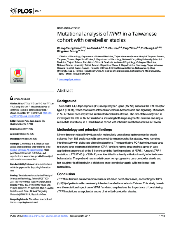 (PDF) Mutational analysis of ITPR1 in a Taiwanese cohort with ...
