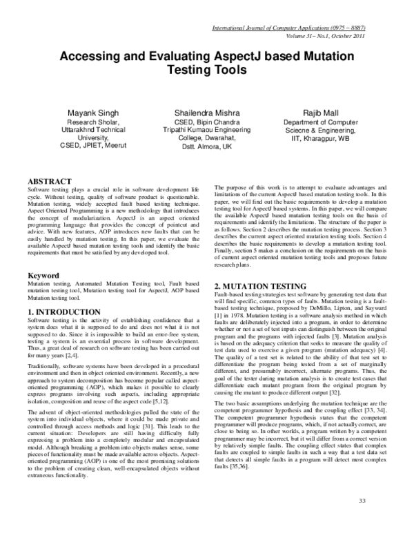 Pdf Accessing And Evaluating Aspectj Based Mutation Testing Tools