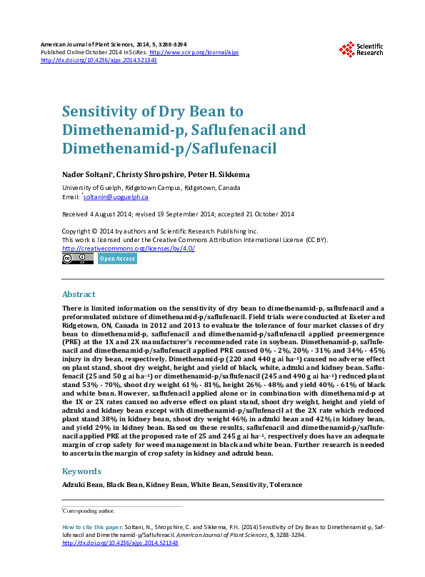 (PDF) Sensitivity of Dry Bean to Dimethenamid-p, Saflufenacil and ...