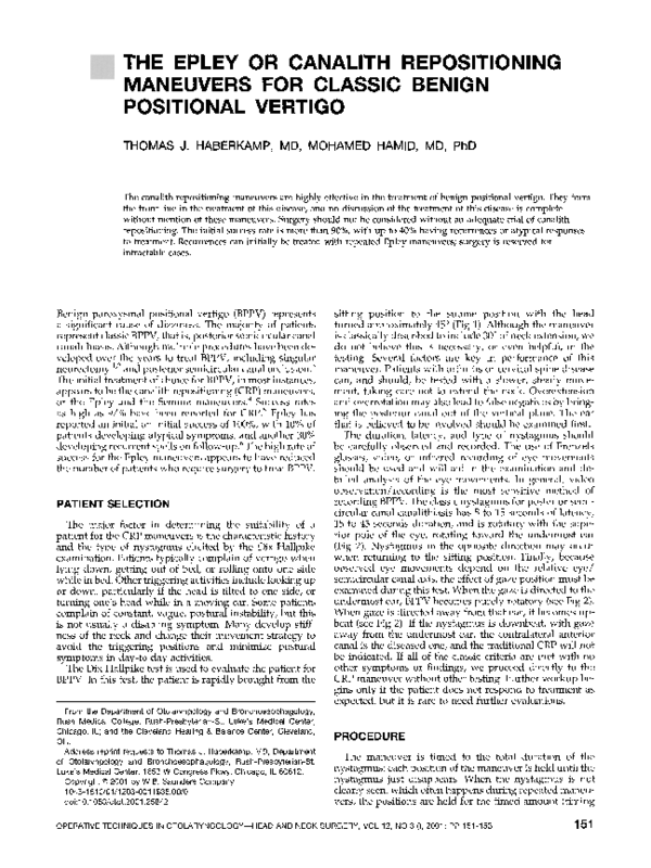 (PDF) The epley or canalith repositioning maneuvers for classic benign ...
