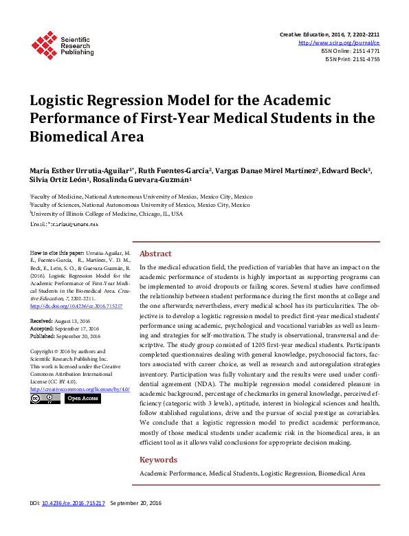 (PDF) Logistic Regression Model for the Academic Performance of First ...