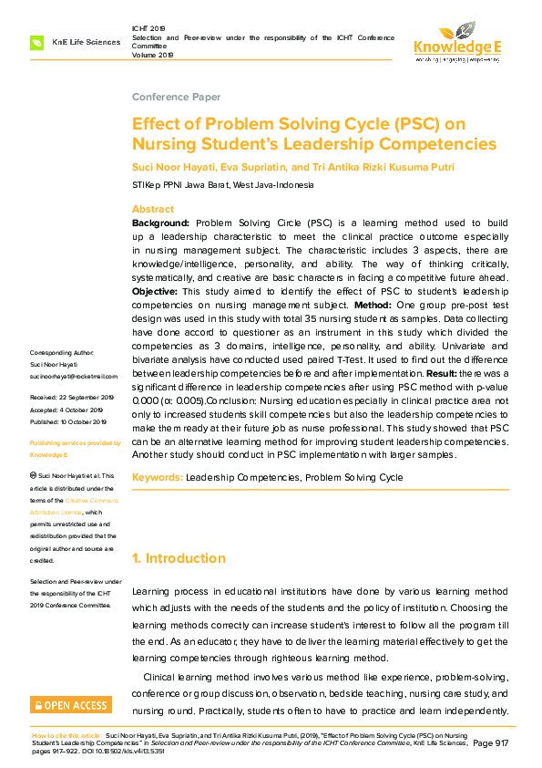 (PDF) Effect of Problem Solving Cycle (PSC) on Nursing Student’s Leadership Competencies
