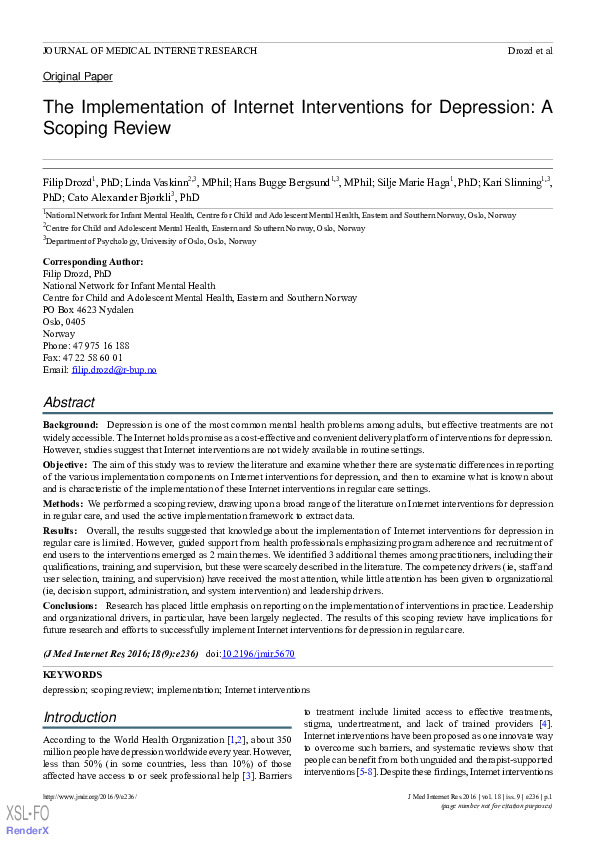 (PDF) The Implementation of Internet Interventions for Depression: A ...