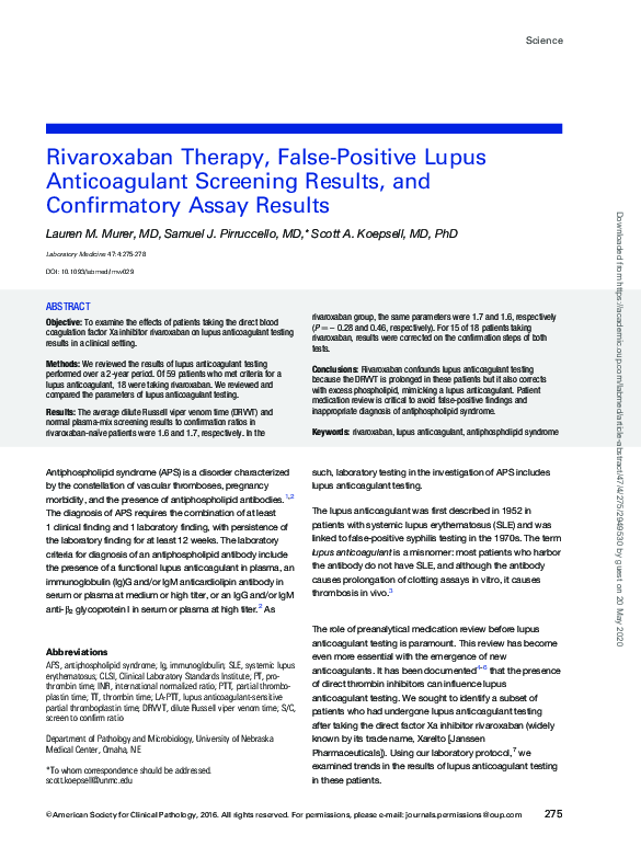 (PDF) Rivaroxaban Therapy, False-Positive Lupus Anticoagulant Screening ...