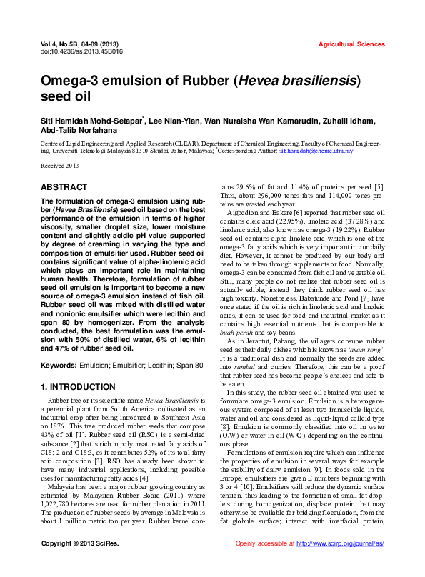 (PDF) Omega-3 emulsion of Rubber (Hevea brasiliensis) seed oil