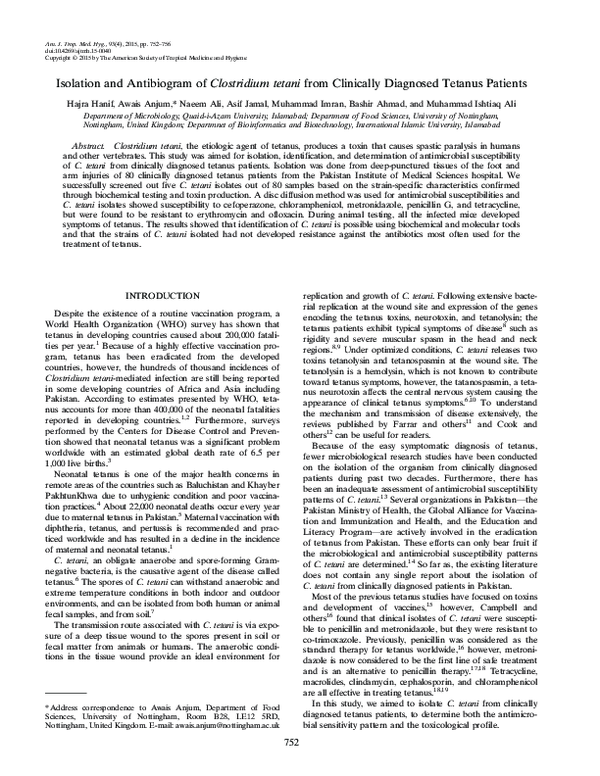 (PDF) Isolation and Antibiogram of Clostridium tetani from Clinically ...