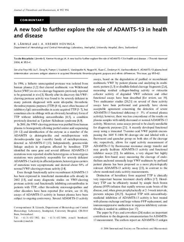 (PDF) A new tool to further explore the role of ADAMTS-13 in health and ...