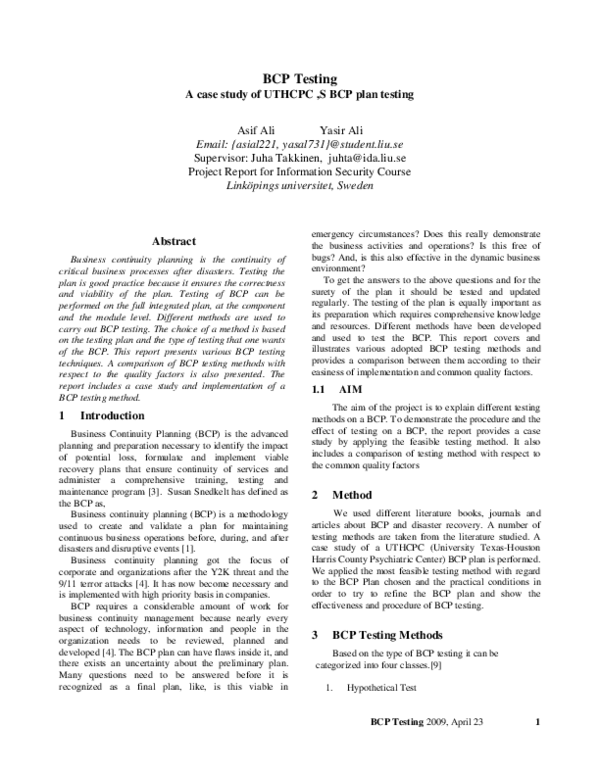 (PDF) BCP Testing A case study of UTHCPC ,S BCP plan testing