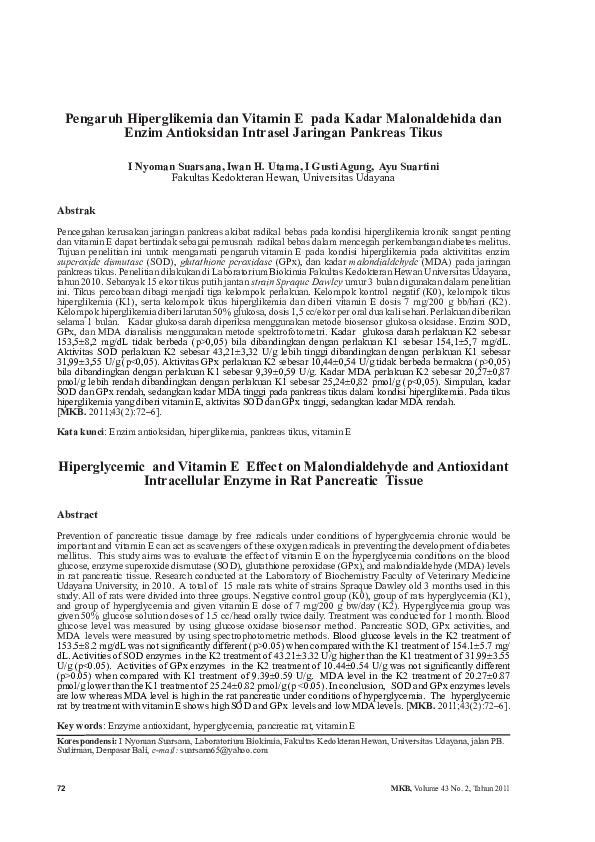 (PDF) Pengaruh Hiperglikemia dan Vitamin E pada Kadar Malonaldehida dan ...