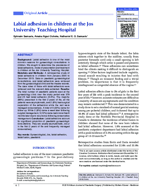 (PDF) Labial adhesion in children at the Jos University Teaching Hospital