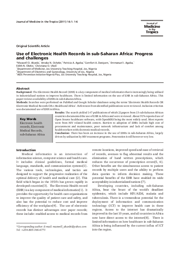 (PDF) Use of Electronic Health Records in sub-Saharan Africa: Progress ...