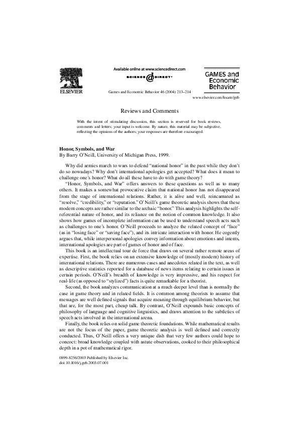 (PDF) Honor, Symbols, and War