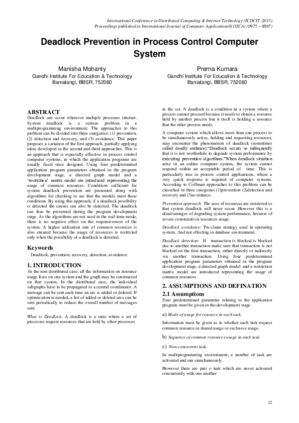 (PDF) Deadlock Prevention in Process Control Computer System