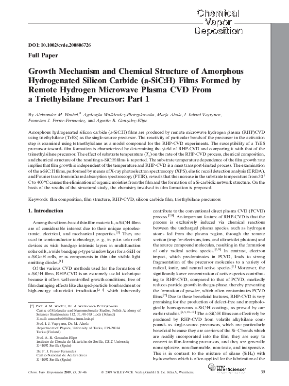 (PDF) Growth Mechanism and Chemical Structure of Amorphous Hydrogenated ...