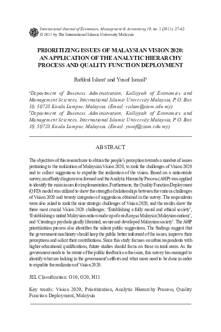 (PDF) Prioritizing Issues of Malaysian Vision 2020: An Application of the Analytic Hierarchy Process