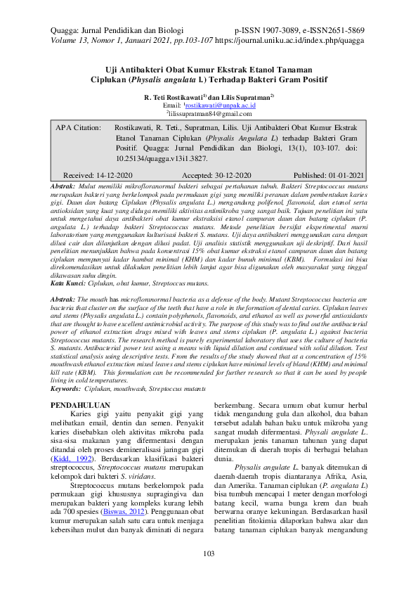 (PDF) FORMULASI DAN UJI AKTIVITAS ANTIBAKTERI SEDIAAN OBAT KUMUR EKSTRAK ETANOL DAUN MENGKUDU ...