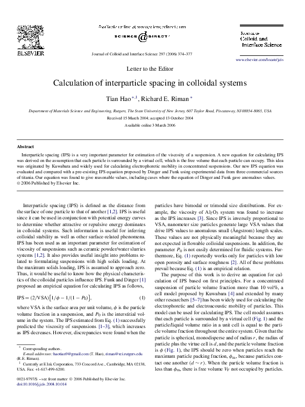 (PDF) Calculation of interparticle spacing in colloidal systems