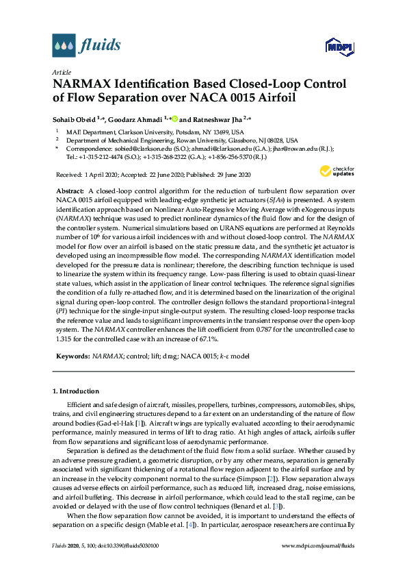 (PDF) NARMAX Identification Based Closed-Loop Control of Flow Separation over NACA 0015 Airfoil ...