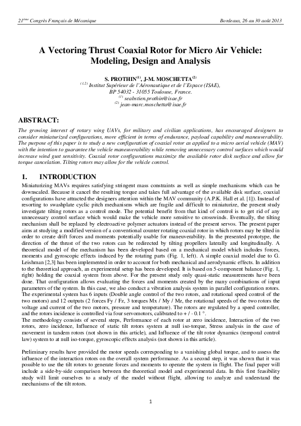 (PDF) A Vectoring Thrust Coaxial Rotor for Micro Air Vehicle: Modeling ...