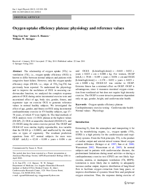 (PDF) Oxygen Uptake Efficiency Plateau Best Predicts Early Death in ...
