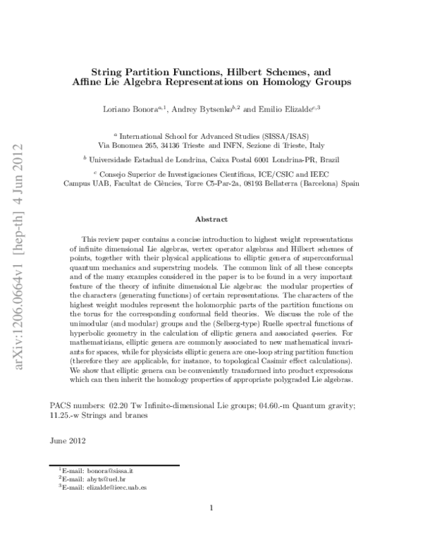 (PDF) String partition functions, Hilbert schemes and affine Lie ...