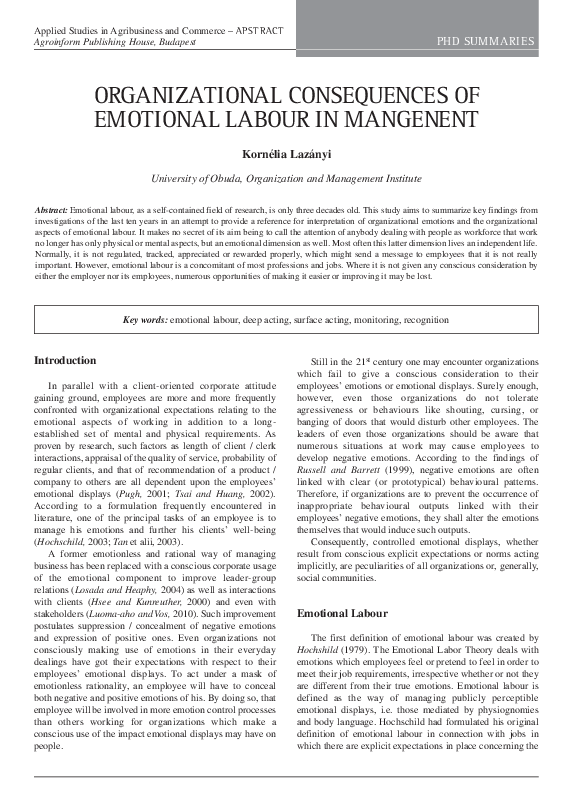 (PDF) Organizational Consequences Of Emotional Labour In Mangenent