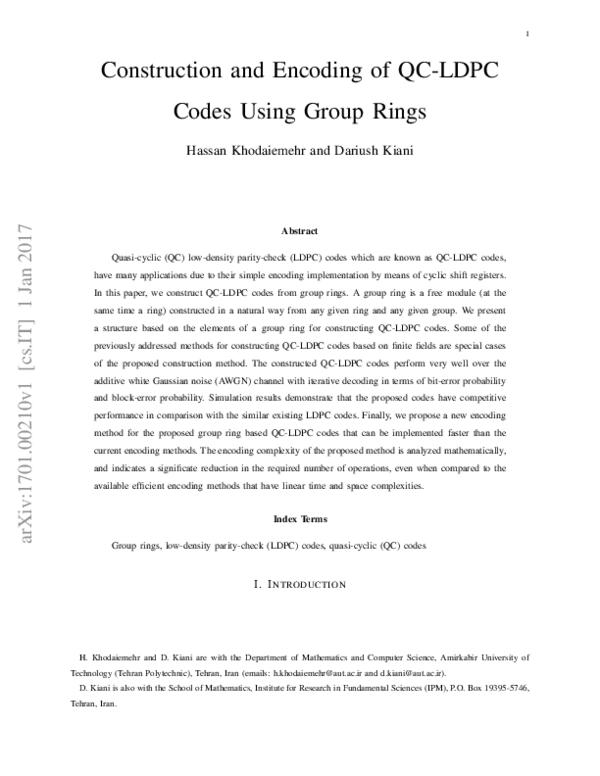 (PDF) Construction and Encoding of QC-LDPC Codes Using Group Rings