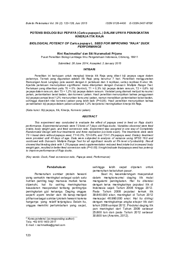 (PDF) POTENSI BIOLOGI BIJI PEPAYA (Carica papaya L.) DALAM UPAYA PENINGKATAN KINERJA ITIK RAJA