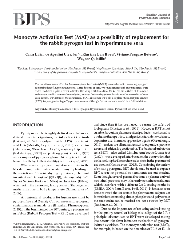 (PDF) Monocyte Activation Test (MAT) as a possibility of replacement ...