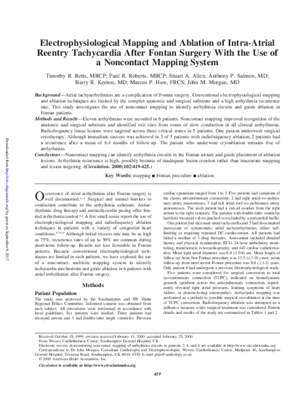 (PDF) Electrophysiological Mapping and Ablation of Intra-Atrial Reentry Tachycardia After Fontan ...