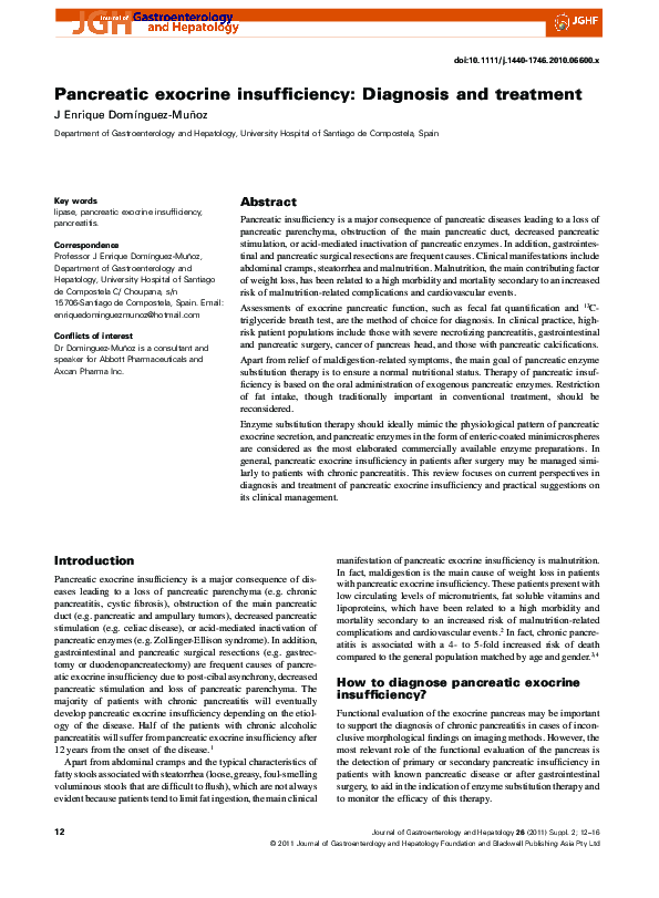 (PDF) Pancreatic exocrine insufficiency: Diagnosis and treatment