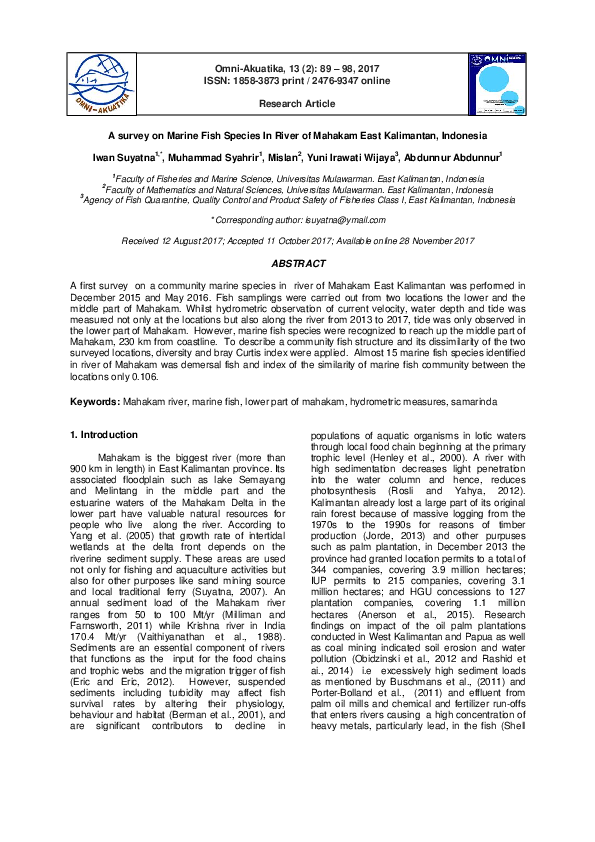 (PDF) A Survey On Marine Fish Species In River of Mahakam East ...