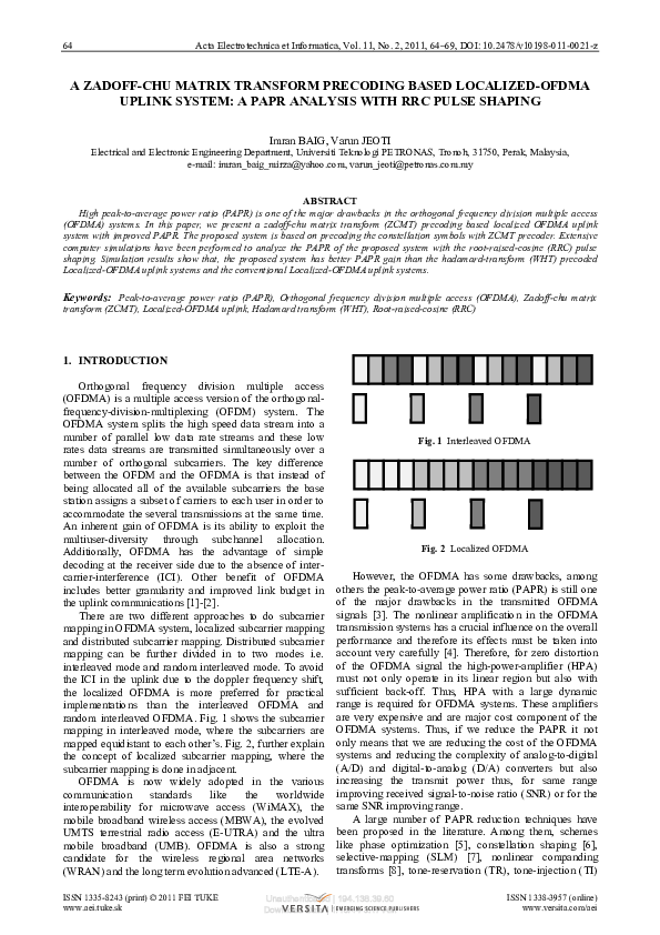 Pdf A Zadoff Chu Matrix Transform Precoding Based Localized Ofdma Uplink System A Papr