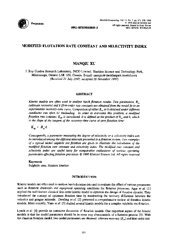 (PDF) Modified flotation rate constant and selectivity index