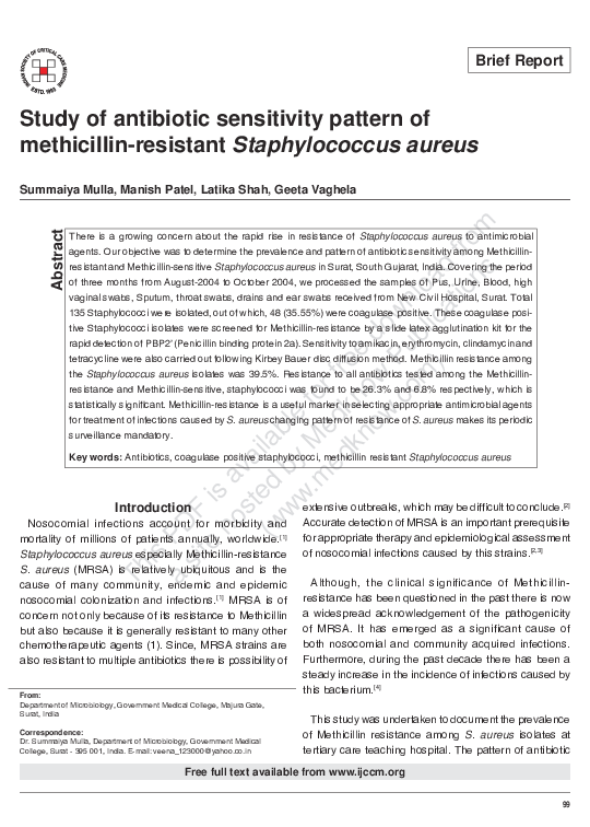 (PDF) Study of antibiotic sensitivity pattern of methicillin-resistant Staphylococcus aureus ...