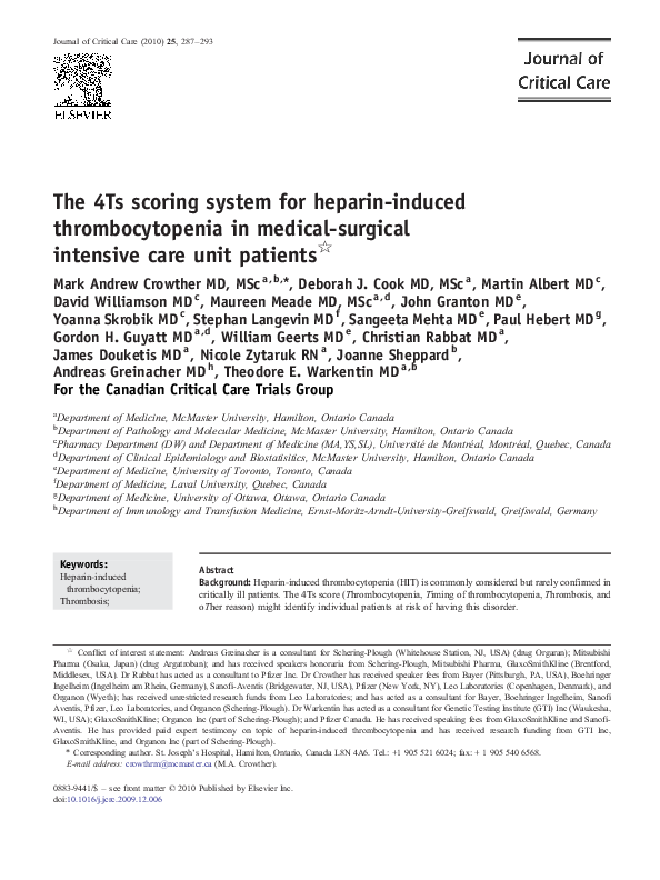 (PDF) The 4Ts scoring system for heparin-induced thrombocytopenia in ...