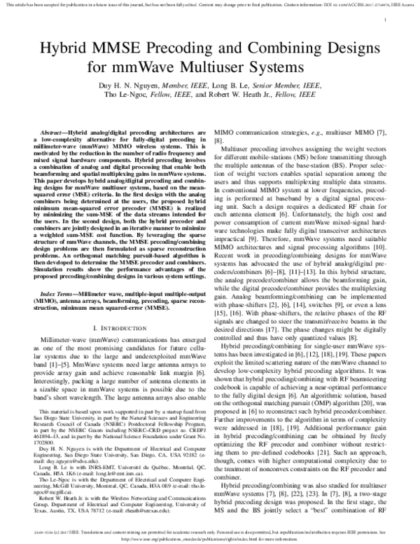 (PDF) Hybrid MMSE Precoding and Combining Designs for mmWave Multiuser Systems | Tho Le-ngoc ...