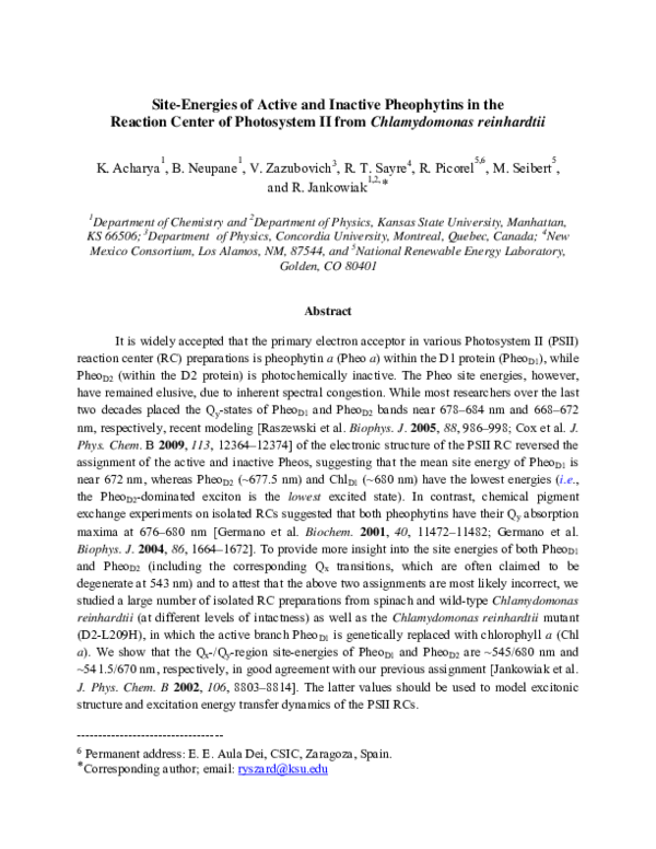 (PDF) Site energies of active and inactive pheophytins in the reaction ...