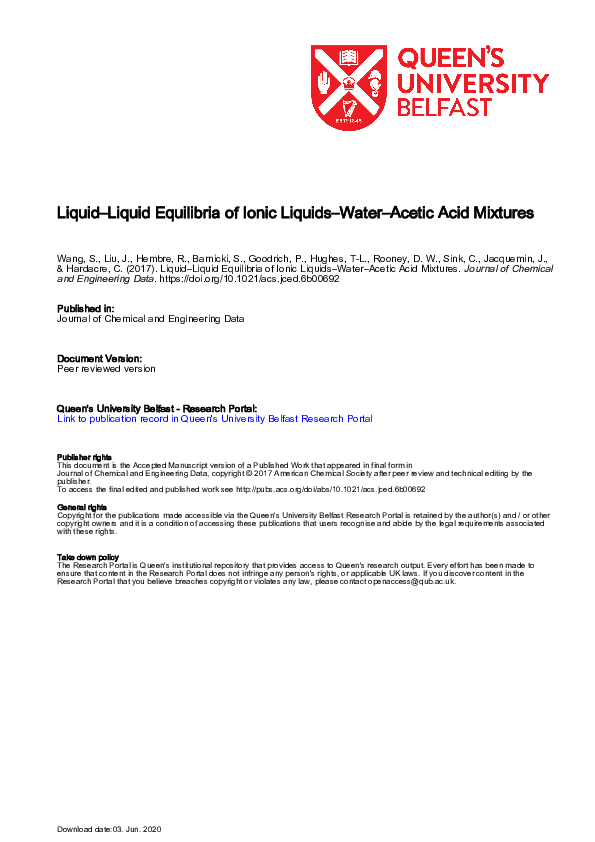 (PDF) Liquid–Liquid Equilibria of Ionic Liquids–Water–Acetic Acid Mixtures