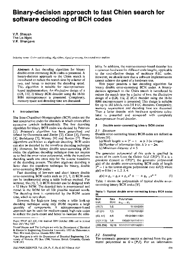 (PDF) Binary-decision approach to fast Chien search for software decoding of BCH codes