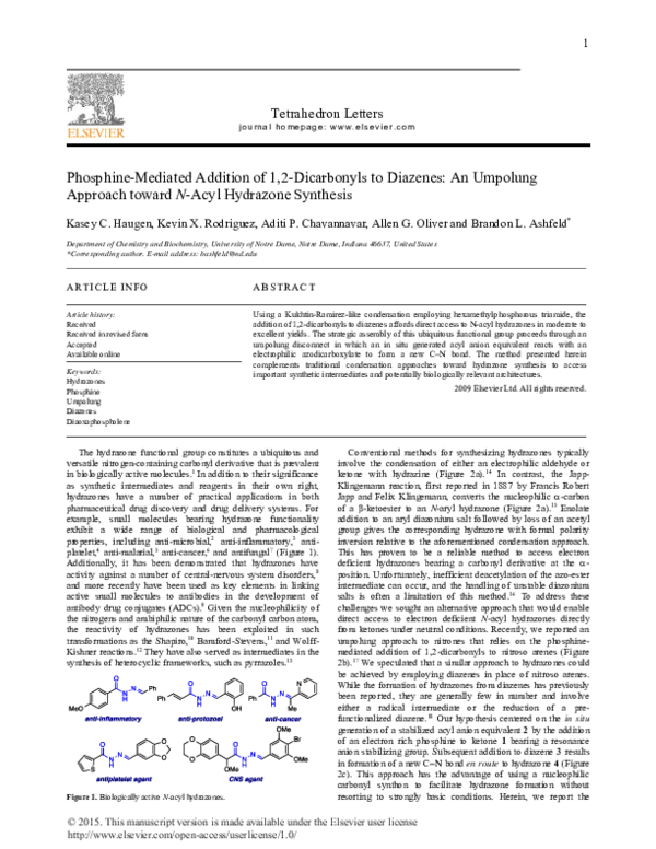 (PDF) Phosphine-mediated addition of 1,2-dicarbonyls to diazenes: an ...