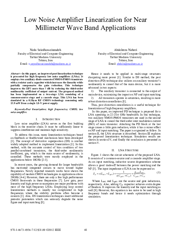 (PDF) Low noise amplifier linearization for near millimeter wave band applications