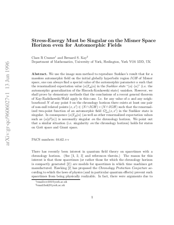 (PDF) Stress - energy must be singular on the Misner space horizon even ...