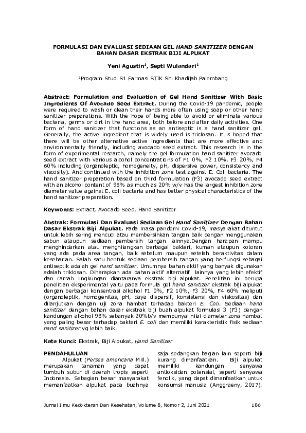 (PDF) Formulasi Dan Evaluasi Sediaan Gel Hand Sanitizer Dengan Bahan Dasar Ekstrak Biji Alpukat