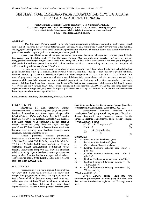 (PDF) Simulasi Coal Blending Pada Kegiatan Barging Batubara DI PT Dua Samudera Perkasa