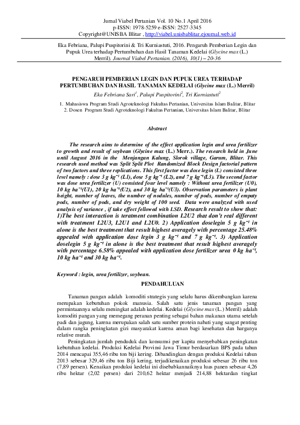 (PDF) PENGARUH PEMBERIAN LEGIN DAN PUPUK UREA TERHADAP PERTUMBUHAN DAN HASIL TANAMAN KEDELAI ...