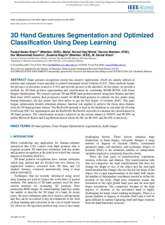 Pdf 3d Hand Gestures Segmentation And Optimized Classification Using Deep Learning