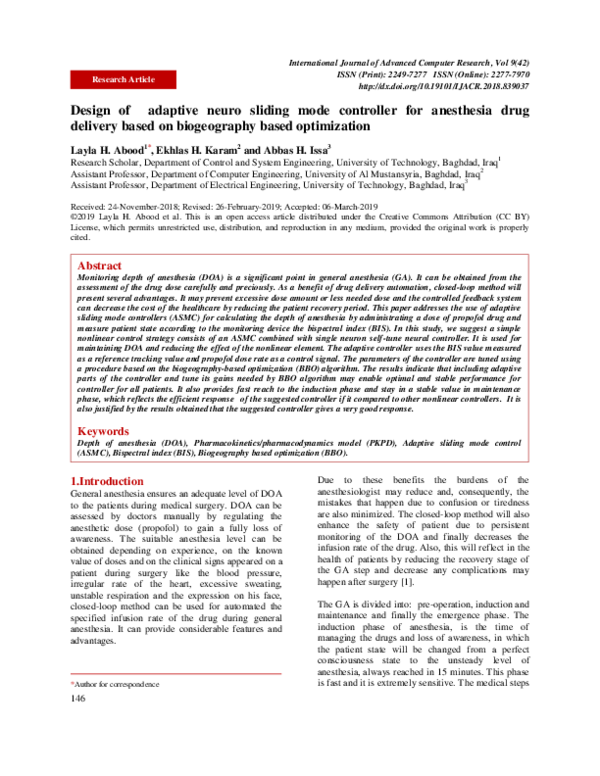 (PDF) Design of adaptive neuro sliding mode controller for anesthesia drug delivery based on ...